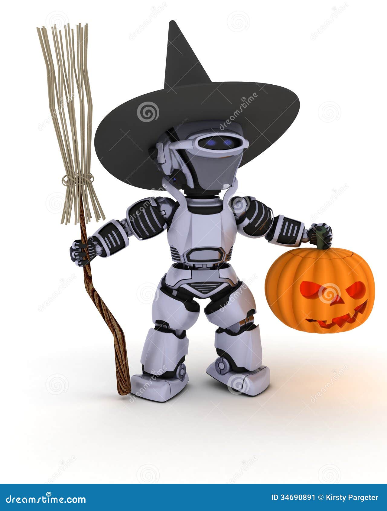 Robot witch with pumpkin stock illustration. Illustration of cyborg ...