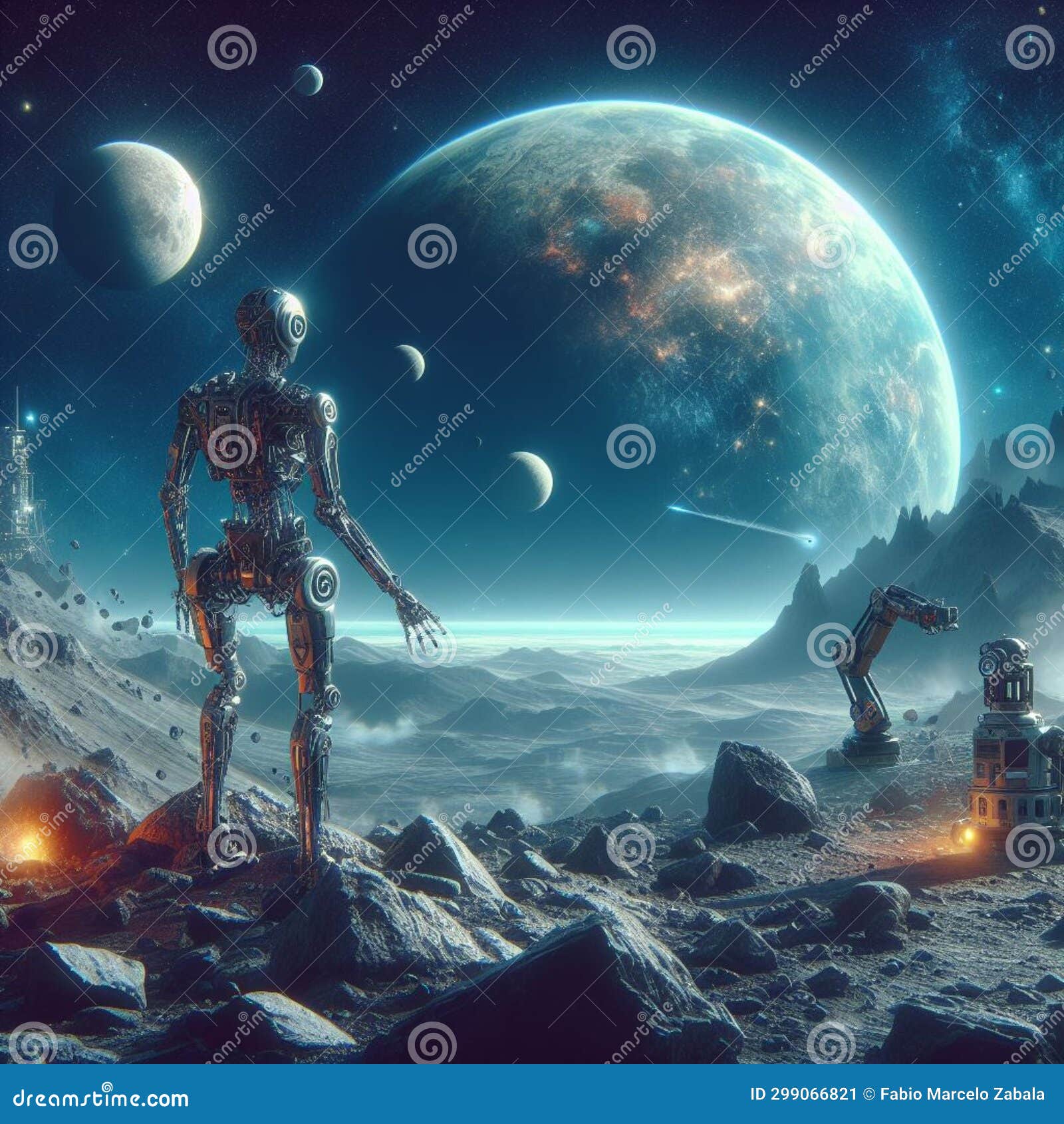 A Robot Woman Observing Our Solar System from an Asteroid Stock ... A Robot Woman Observing Our Solar System from an Asteroid Stock ...