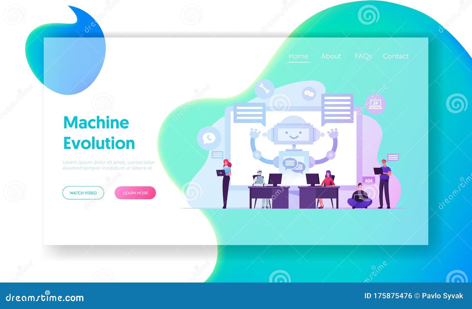 Robot Work on Laptop Help Customers Landing Page Template. Ai Chatbot ...