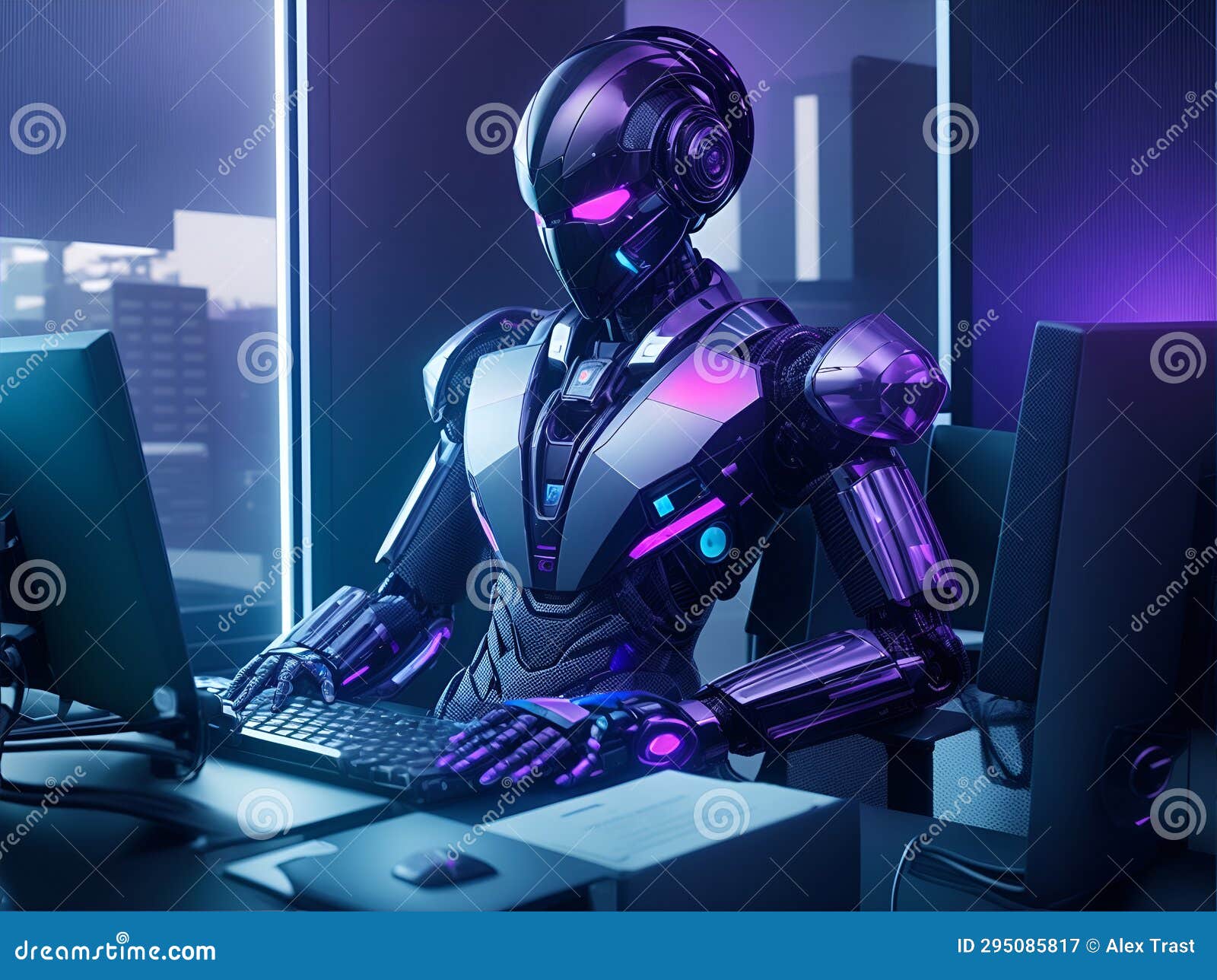 Robot at Work in the Office Stock Illustration - Illustration of ...