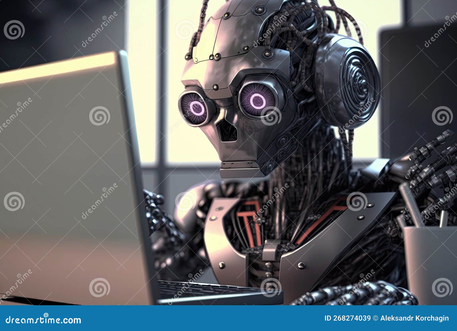 Robot Worker is Sitting at a Desk and Working on a Laptop. Concept of ...