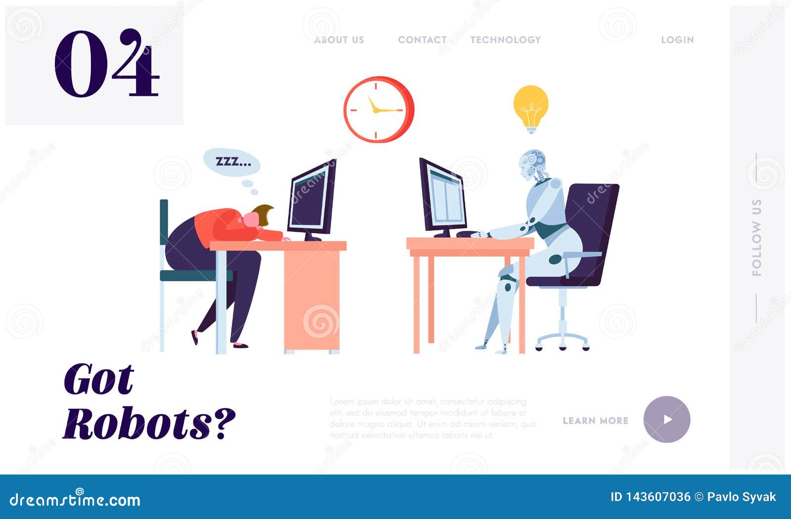 Robot Working All Time Landing Page. Character Sleeping On Workplace ...