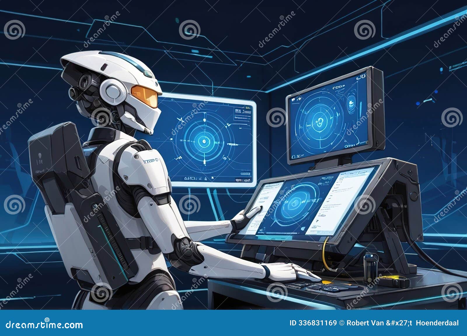 Robot Working Behind a Computer at 19-8-2024 Stock Illustration ...