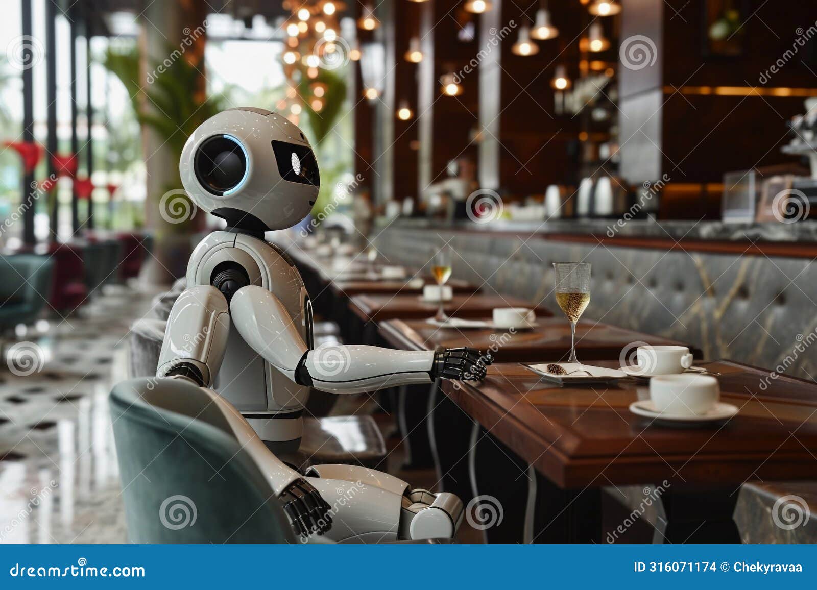 Robot Working in the Cafe Close Up. Artificial Intelligence. Stock ...