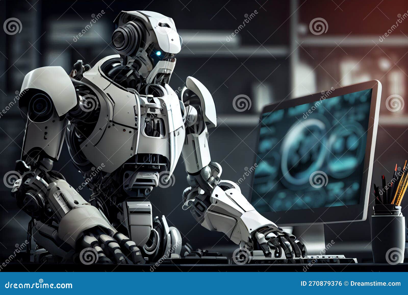 Robot Working a Computer ,(Created with Generative AI Technology) Stock Illustration ...