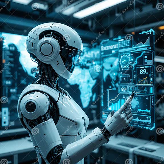 Robot Working at Computer stock illustration. Illustration of computer - 357587975