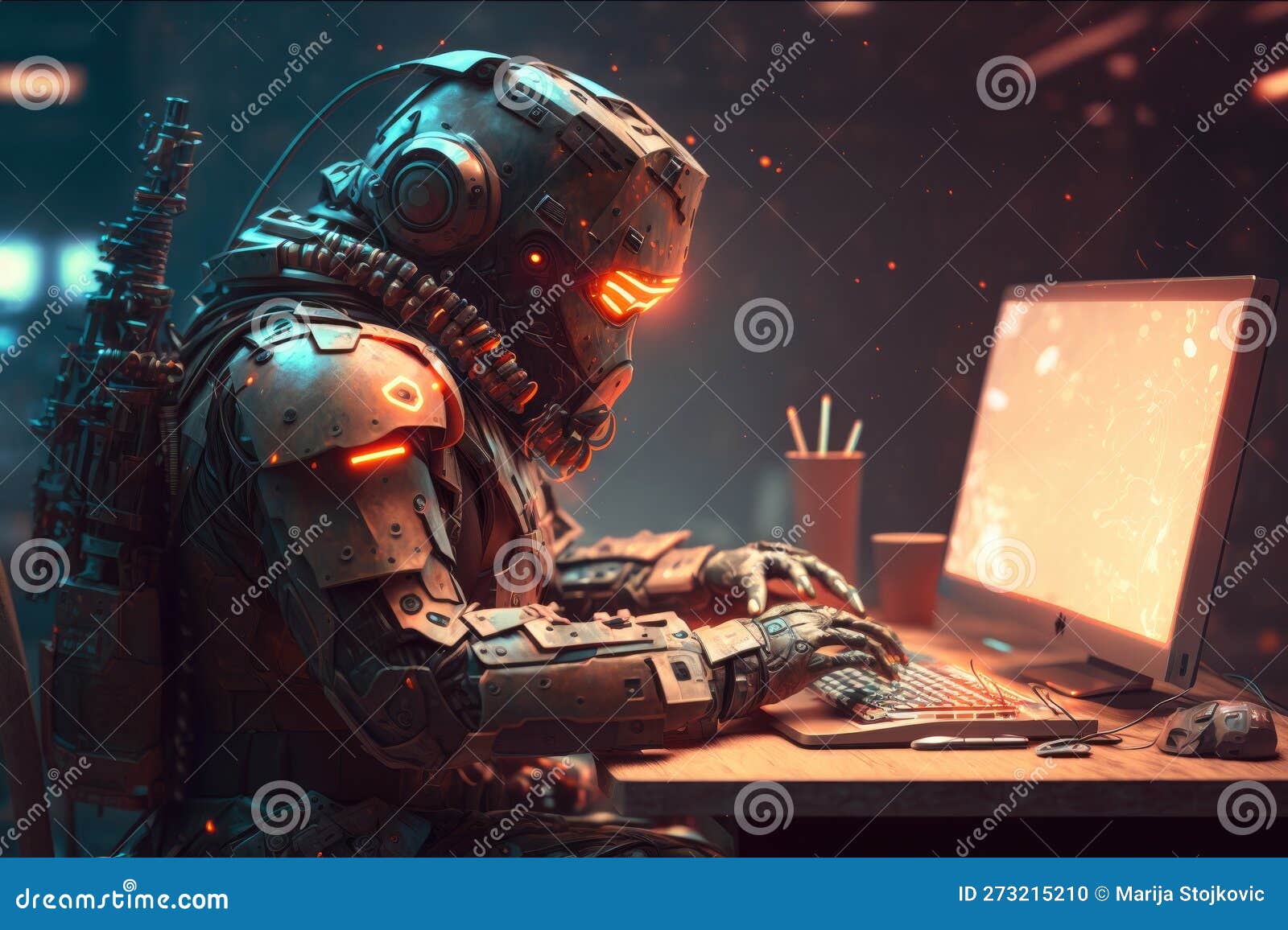 Robot Working With Computer Generative Ai Stock Illustration Illustration Of Generative