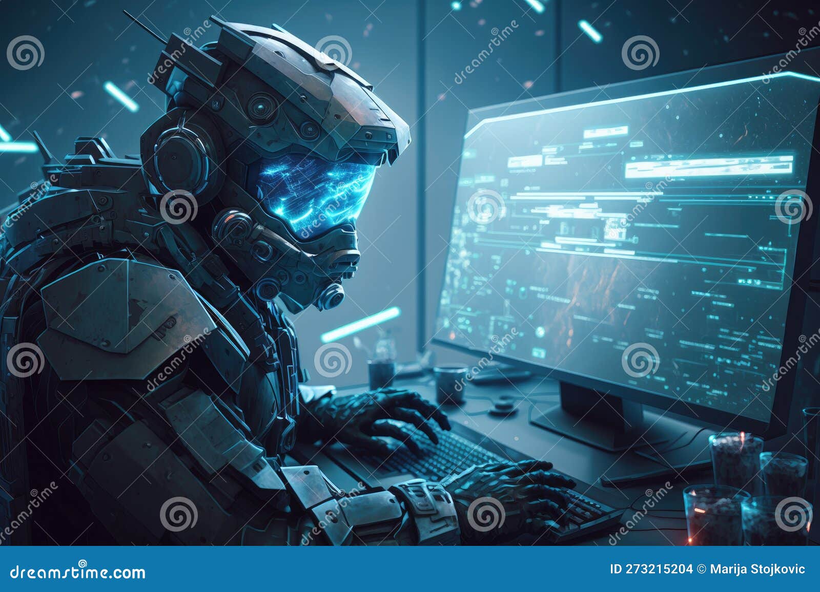 Robot Working with Computer Generative AI Stock Illustration ...