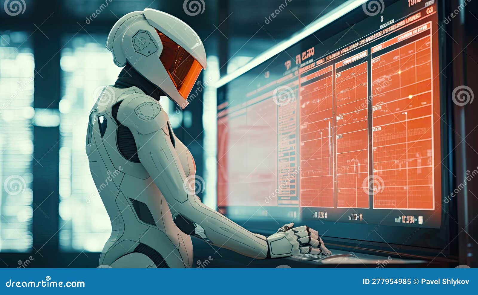 Robot Working at Computer. Maschine Typing on Keyboard in Office. it ...