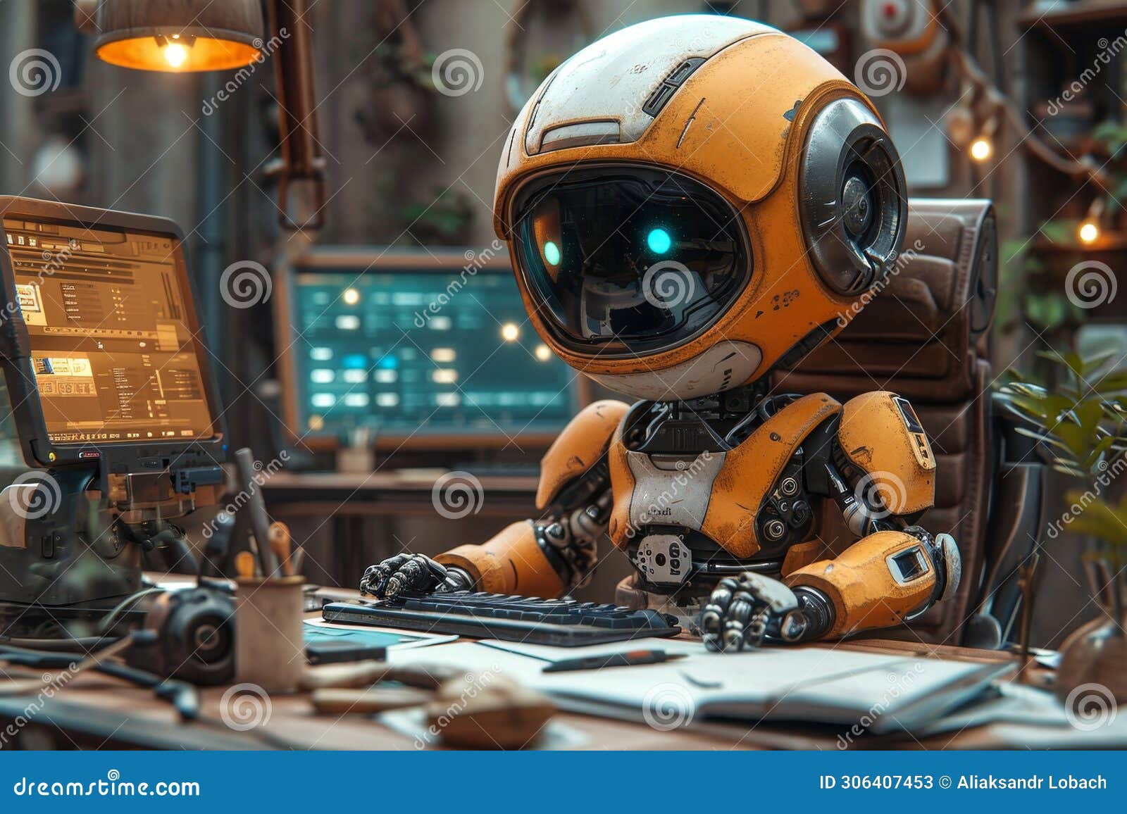 A Robot Working at a Computer in the Room. the it Team of the Future ...
