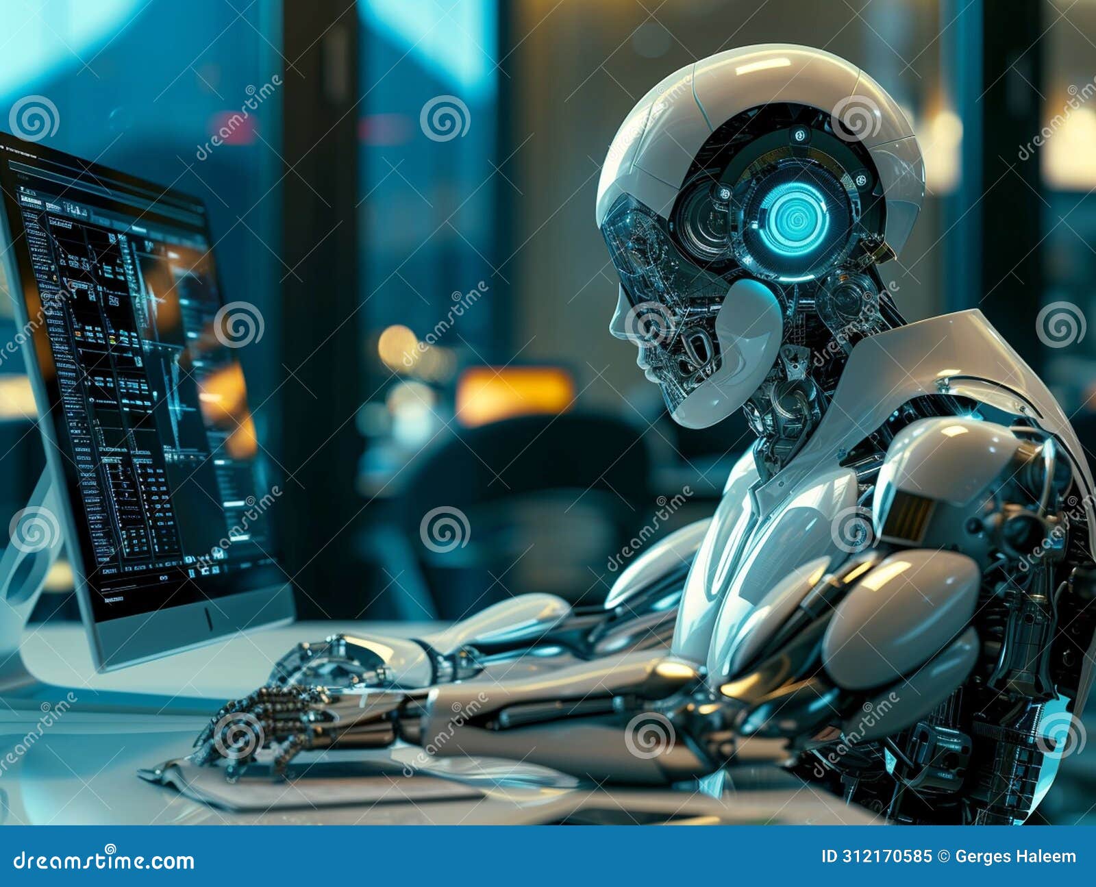 Robot Working at Computer stock illustration. Illustration of ...