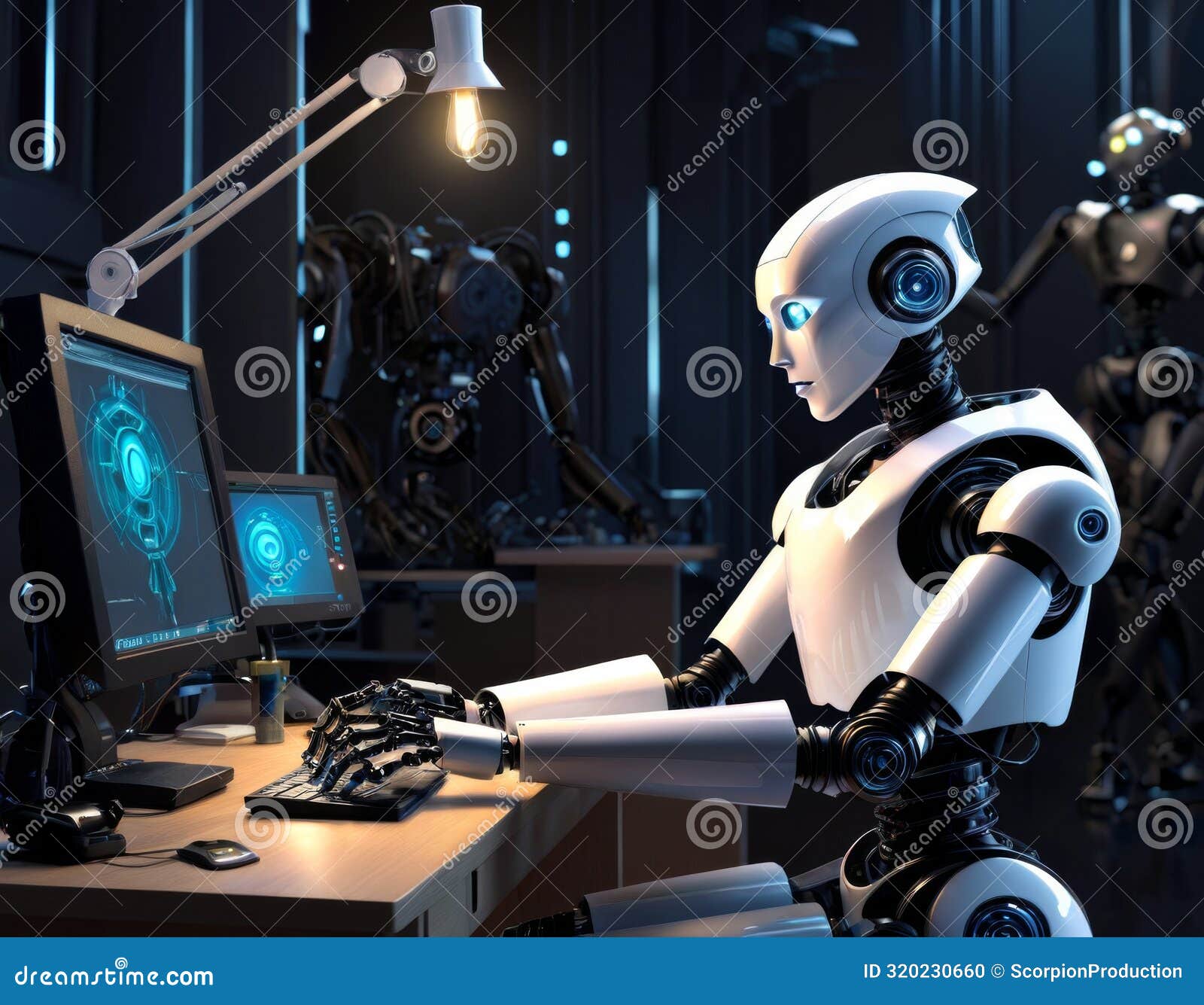 Robot Working with Computer Technology Stock Photo - Image of generated ...