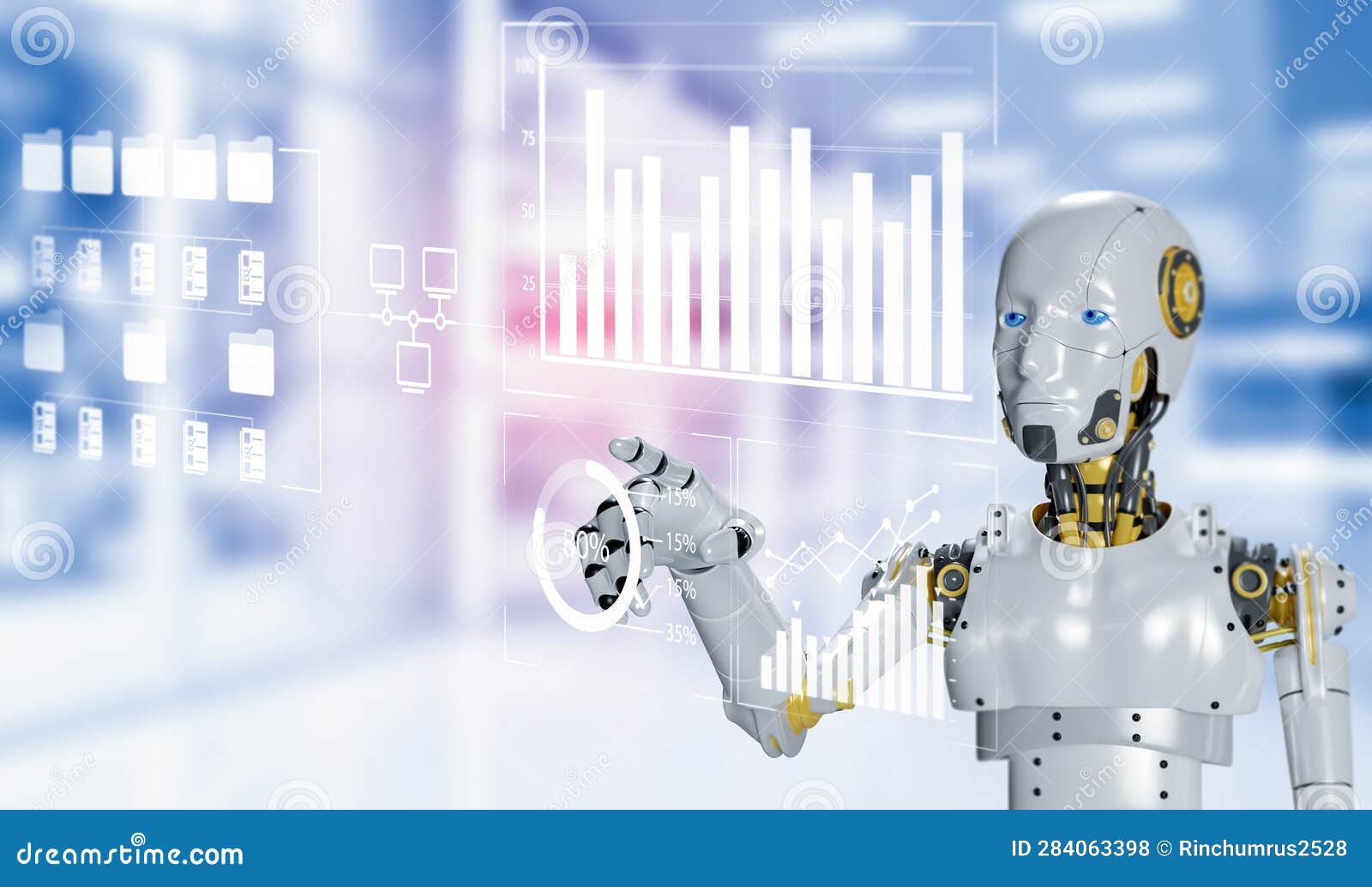 Robot Working With Digital Display Internet Connection Controlled By Ai Robot Humanoid Stock