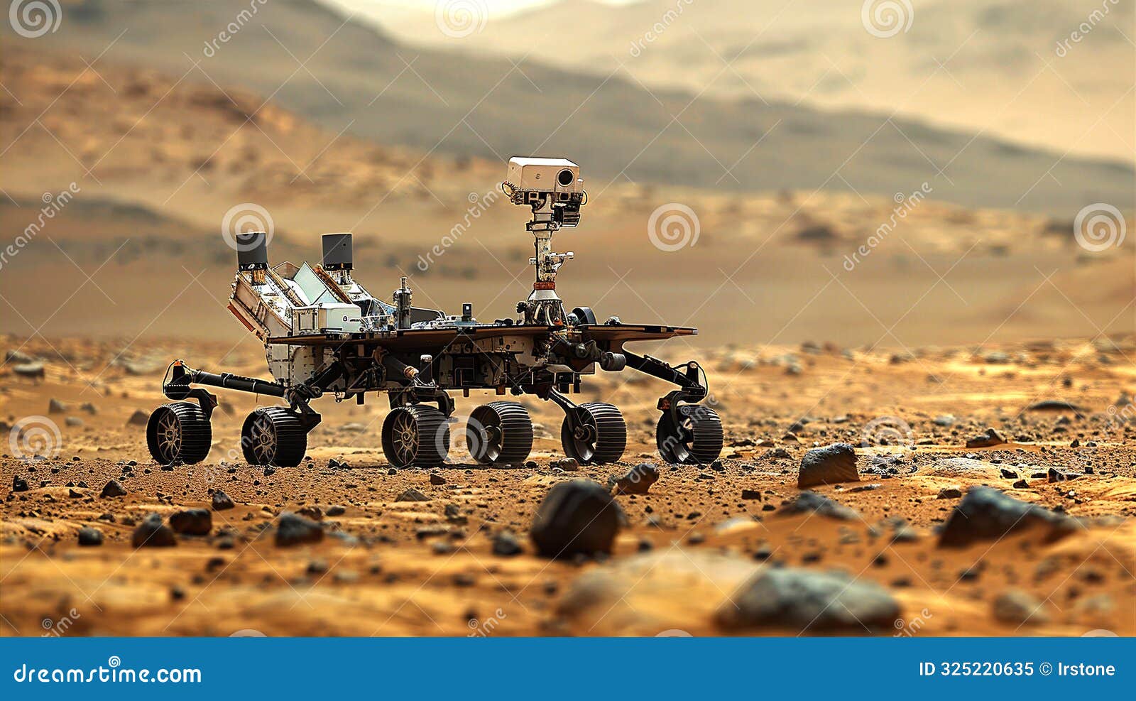 Robot Working and Exploring Planet Mars, Martian Landscape with Rocks ...