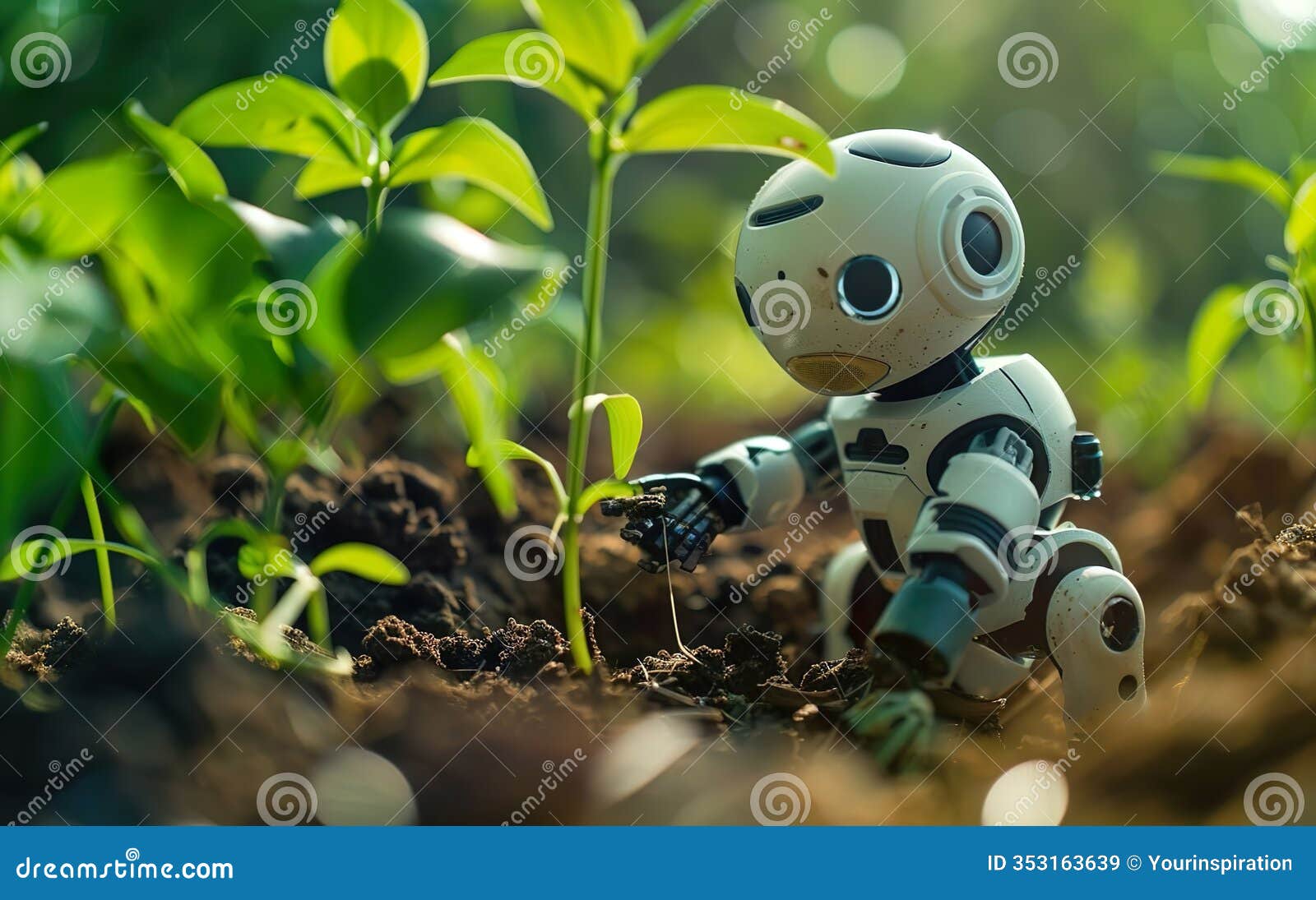 Robot Working in the Garden, Weeding Plants. AI Centered World Concept ...