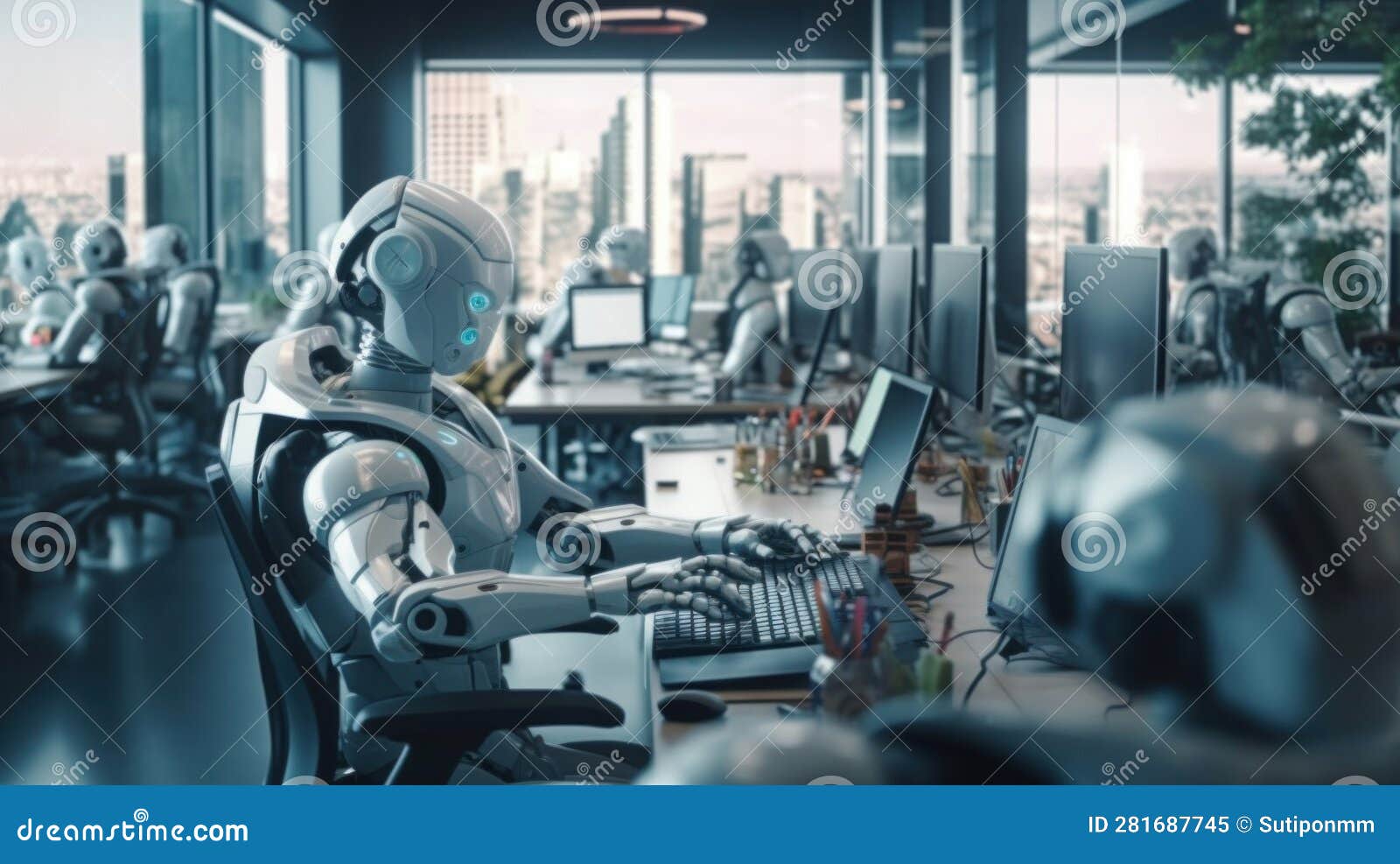 Robot Working in the Hi-tech Modern Office Stock Illustration ...