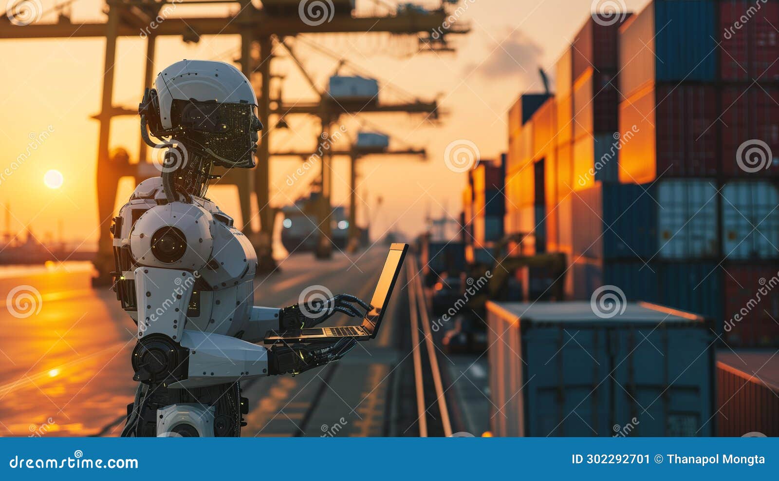 Robot Working on Laptop Computer in Containers Cargo Ship at Industrial ...