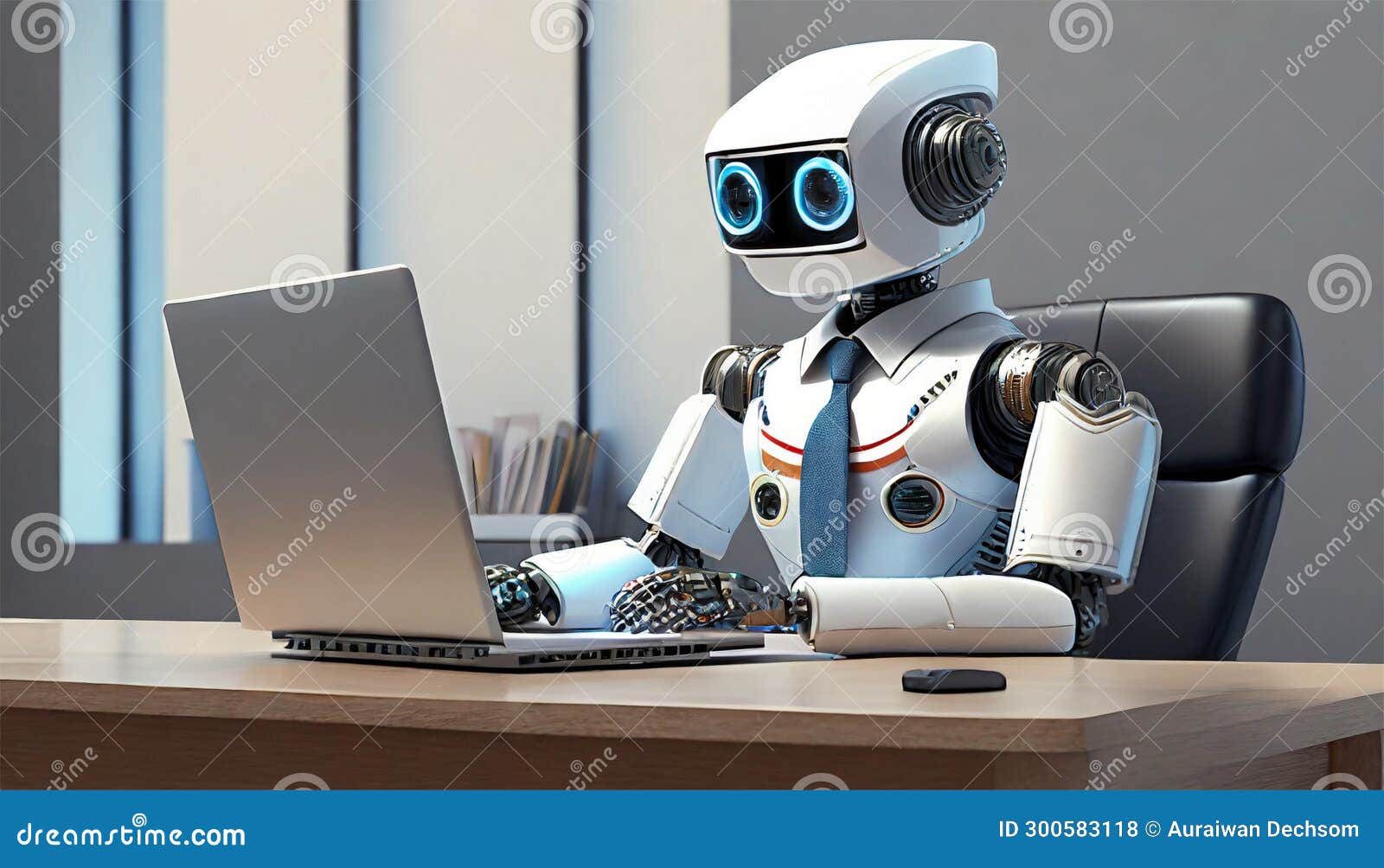 Robot Working on Laptop Computer in Office. AI Generated Stock ... Robot Working on Laptop Computer in Office. AI Generated Stock ...