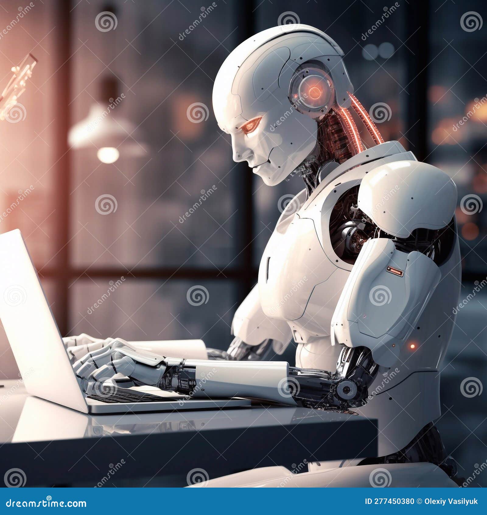 Robot Working with a Laptop in the Office. Chatbot with Artificial ...