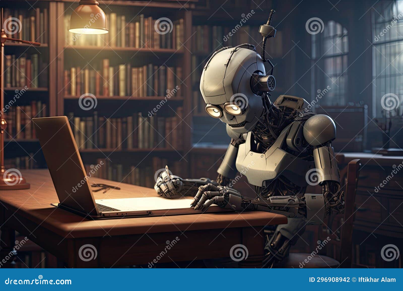 Robot Working in a Library. 3D Rendering, Robot Author Writing on a Notepad in an Old Library ...