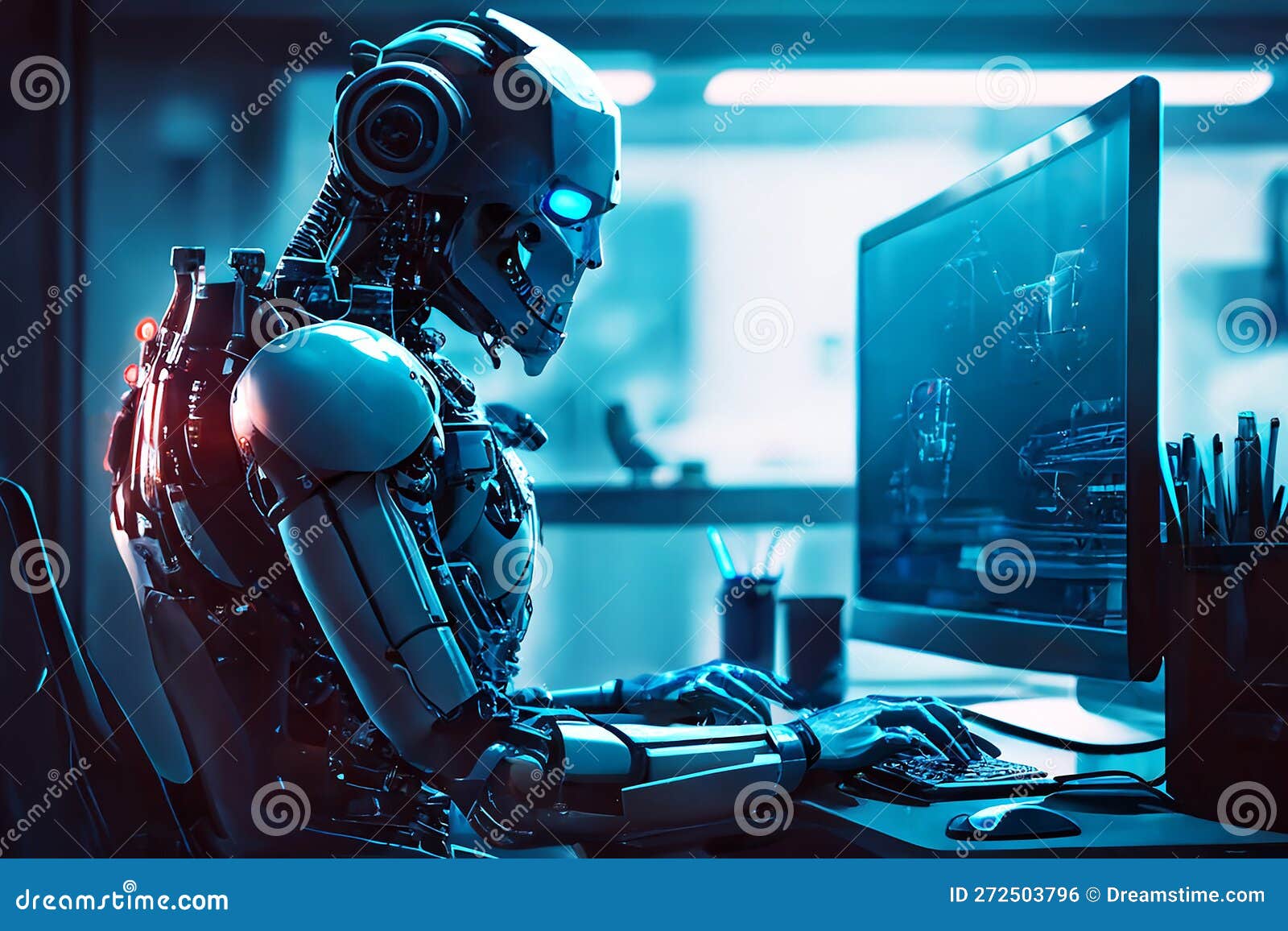 Robot Working in the Office at the Computer. Chat Bot Stock ...