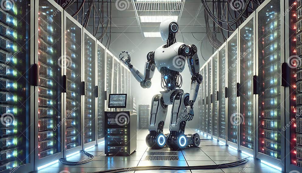 Robot Working among Servers in Modern Data Center Stock Illustration ...