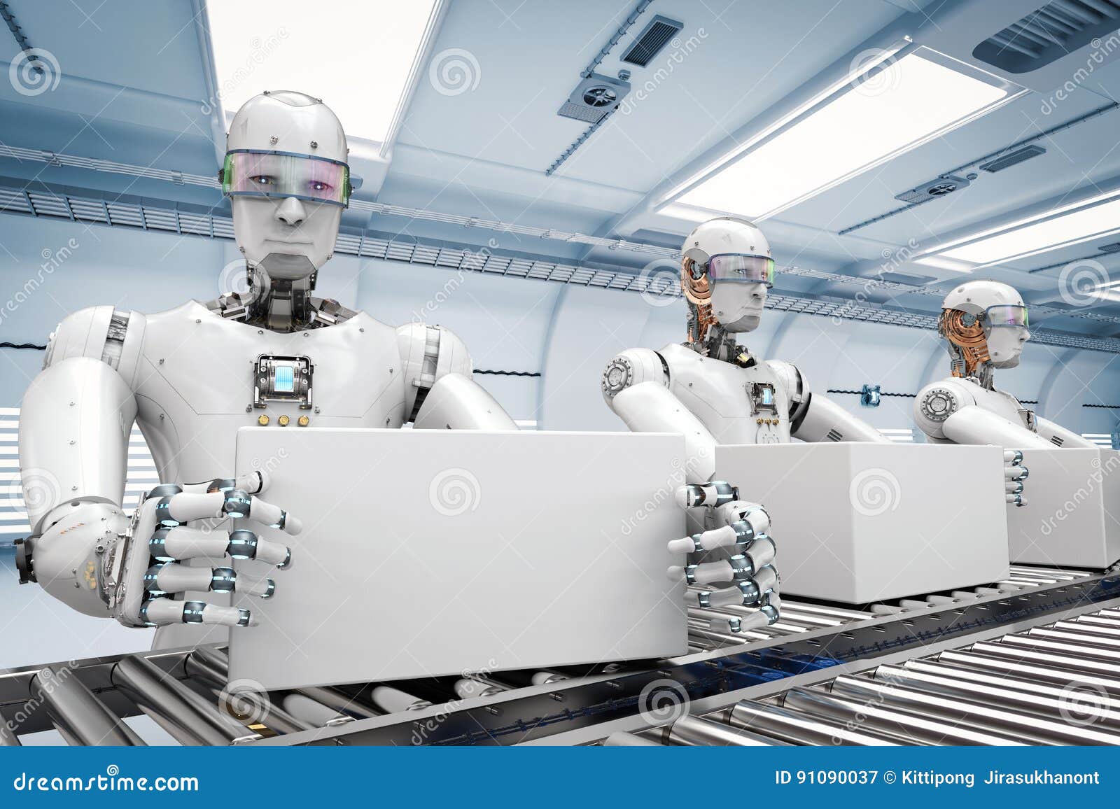 Robot Working with White Boxes Stock Illustration - Illustration of ...
