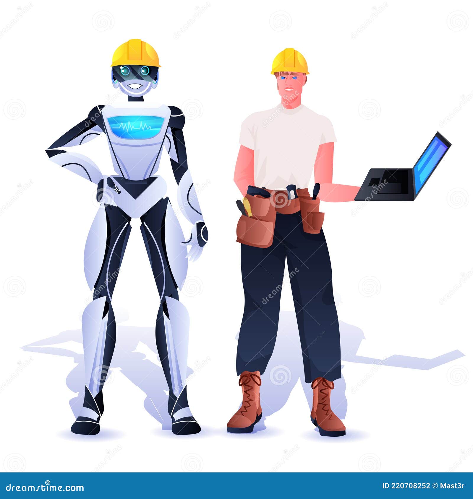 Robot and Workman in Hardhats Construction Workers Standing Together ...