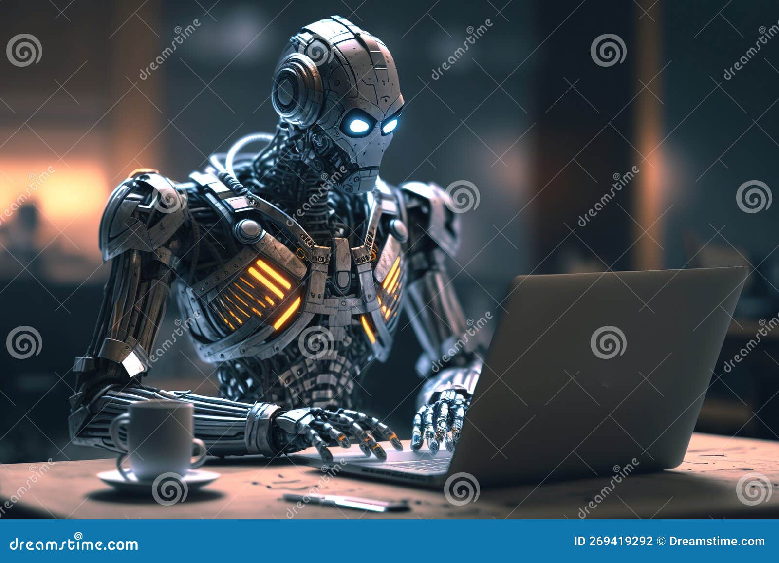 The Robot Works Behind a Laptop, the Workplace of the Robot. Generative ...