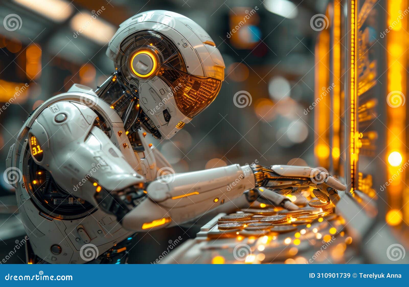 Robot Works with Digital Screen Typing on Keyboard. Stock Image - Image ...