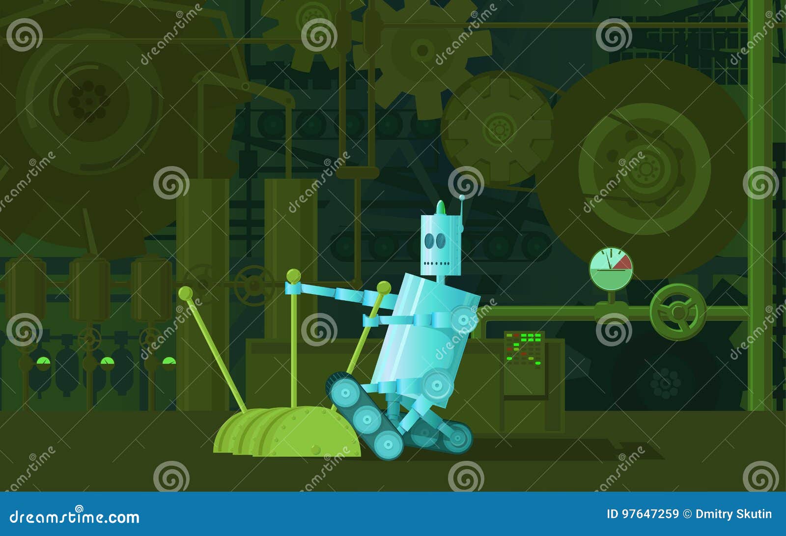 The Robot Works on the Factory Machines. Stock Vector - Illustration of ...