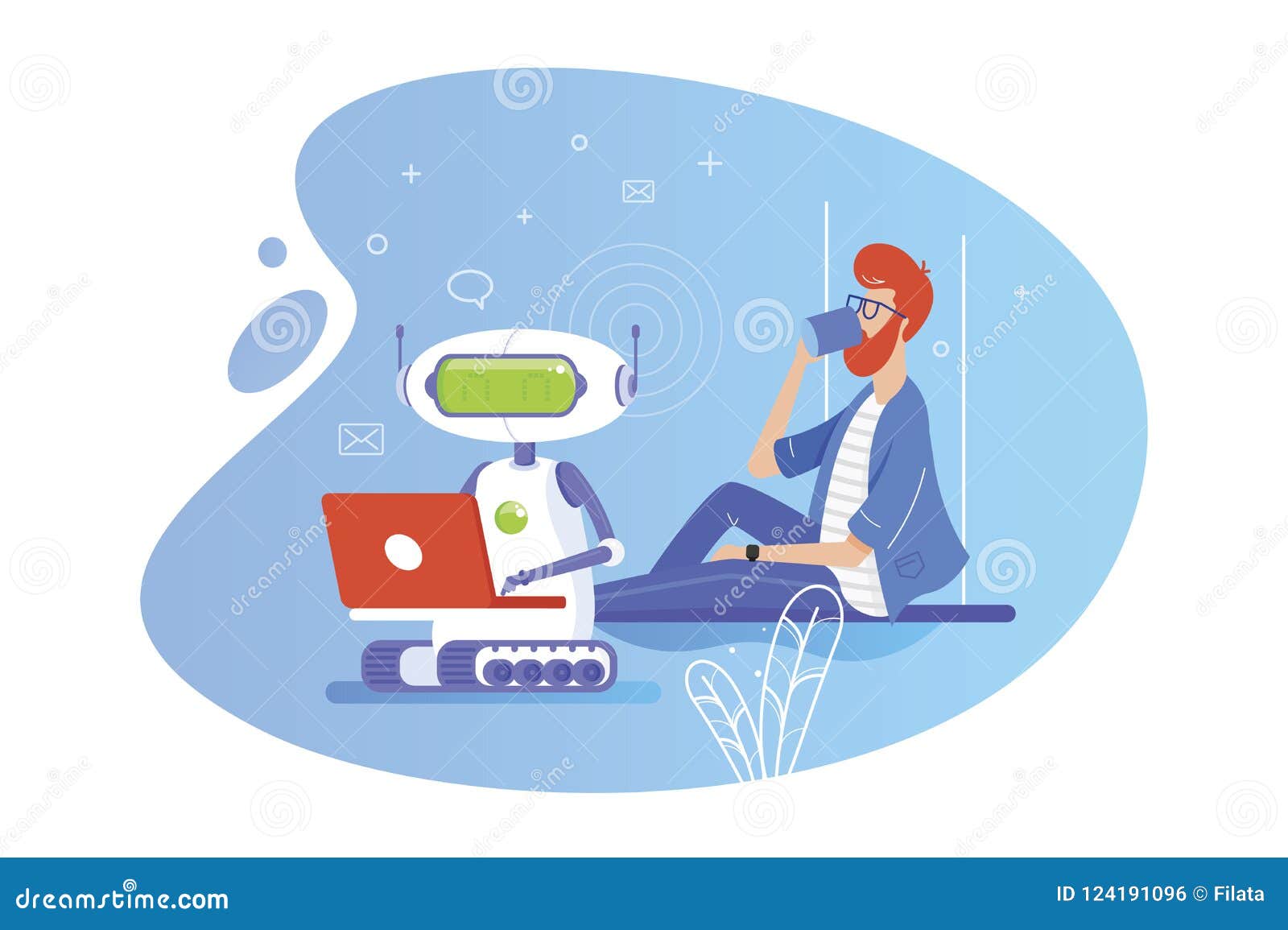 Robot Works at Laptop. Man Drinking Coffee Stock Vector - Illustration ... Robot Works at Laptop. Man Drinking Coffee Stock Vector - Illustration ...