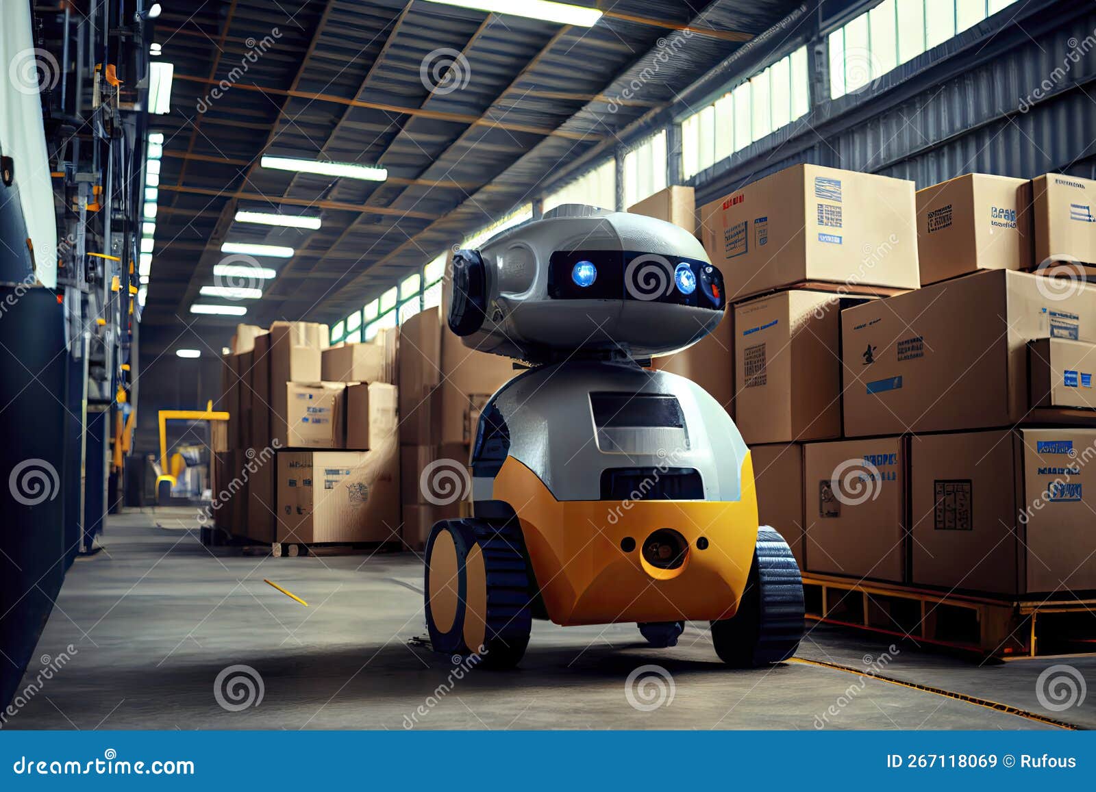Robot Works in a Logistics Warehouse Stock Illustration - Illustration ...