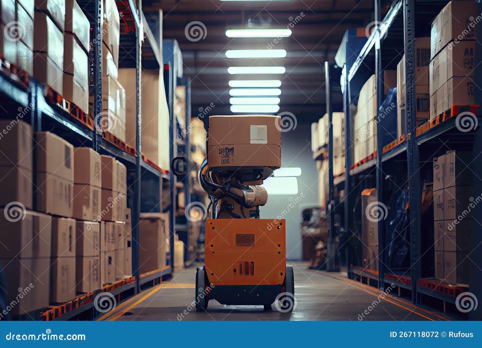 Robot Works in a Logistics Warehouse Stock Illustration - Illustration ...