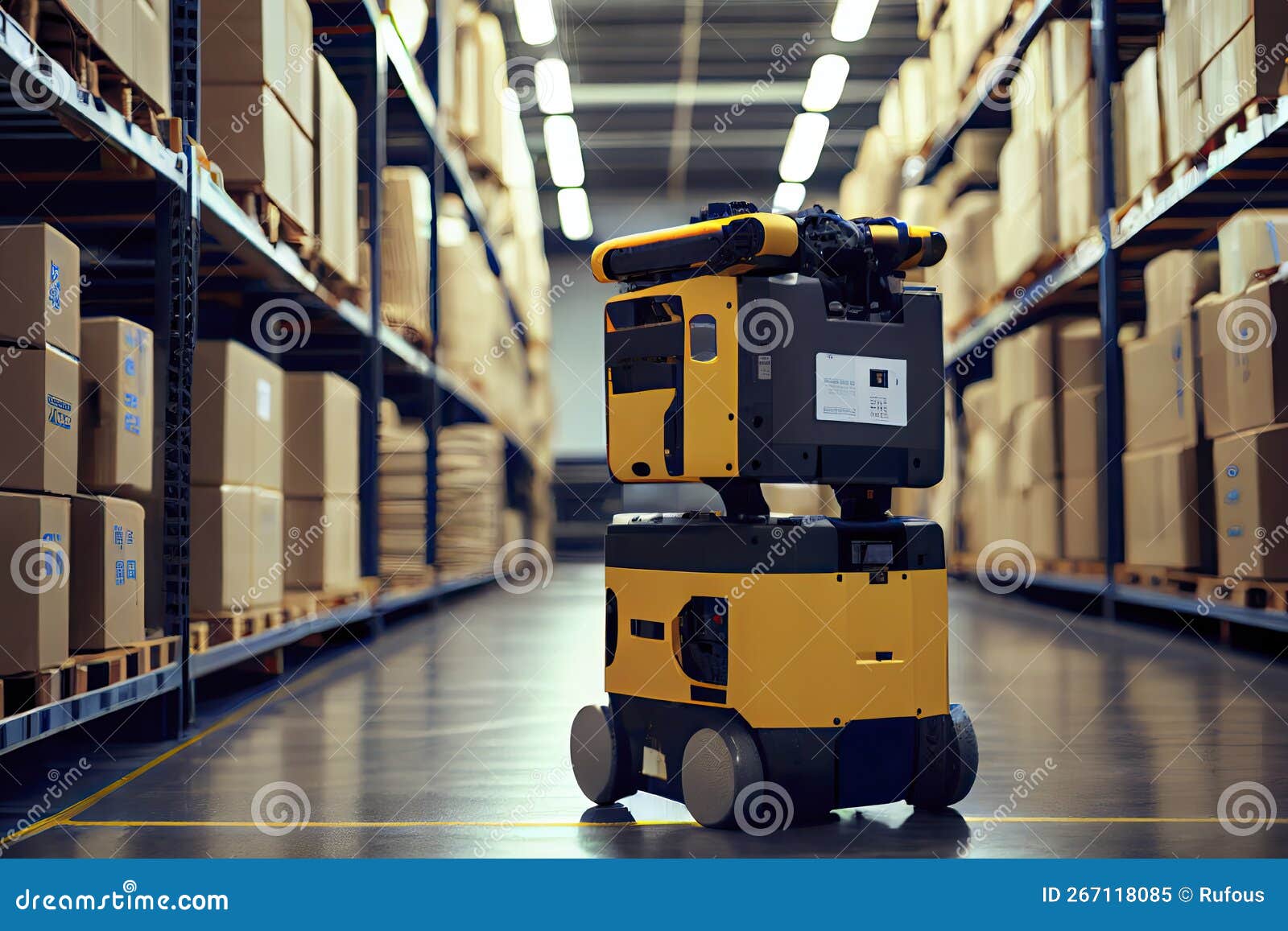 Robot Works in a Logistics Warehouse Stock Illustration - Illustration ...