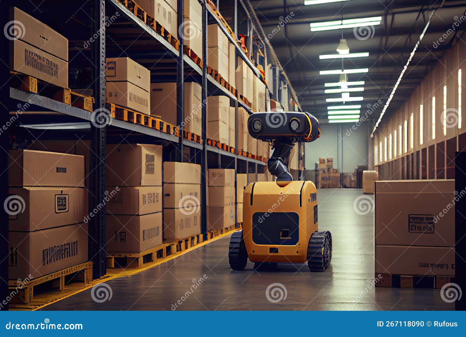 Robot Works in a Logistics Warehouse Stock Illustration - Illustration ...