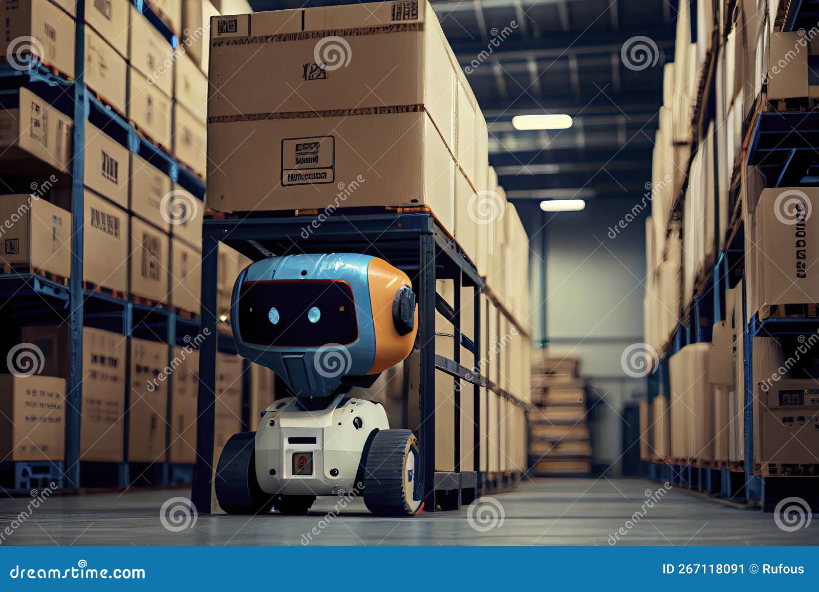 Robot Works in a Logistics Warehouse Stock Illustration - Illustration ...