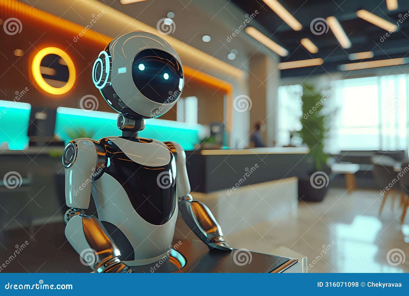 Robot Works in the Office, Blurred Background. Artificial Intelect in ...