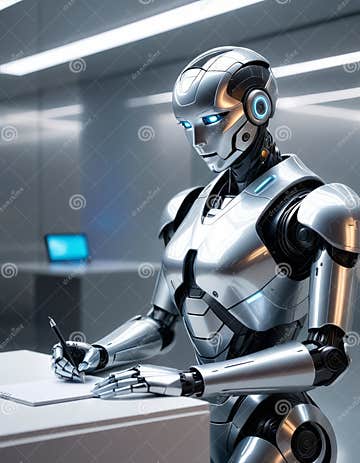Robot Writing Notes at a Futuristic Desk Stock Photo - Image of ...