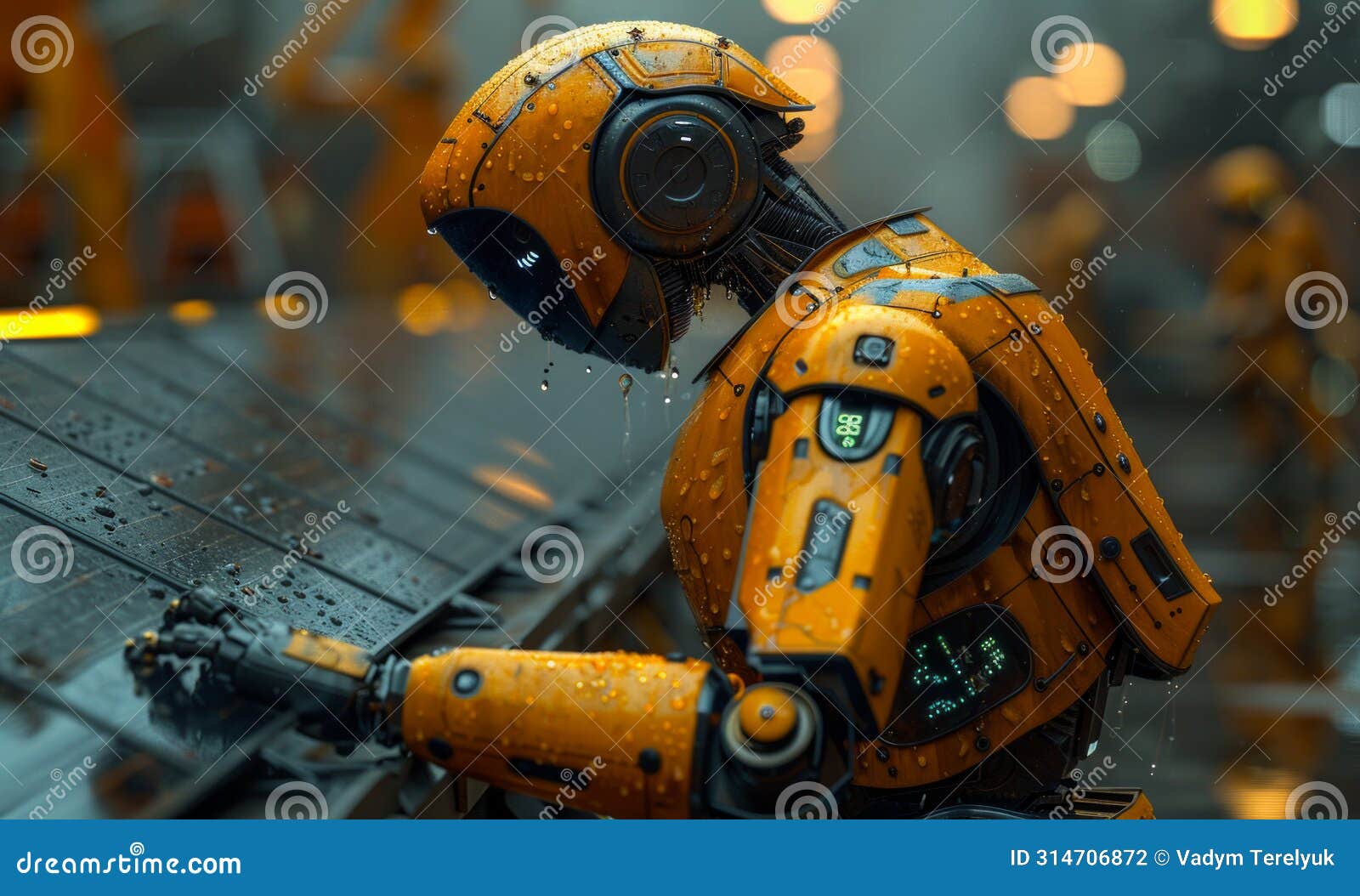 A Robot in a Yellow Suit is Working on a Machine. the Robot is Wet and ...