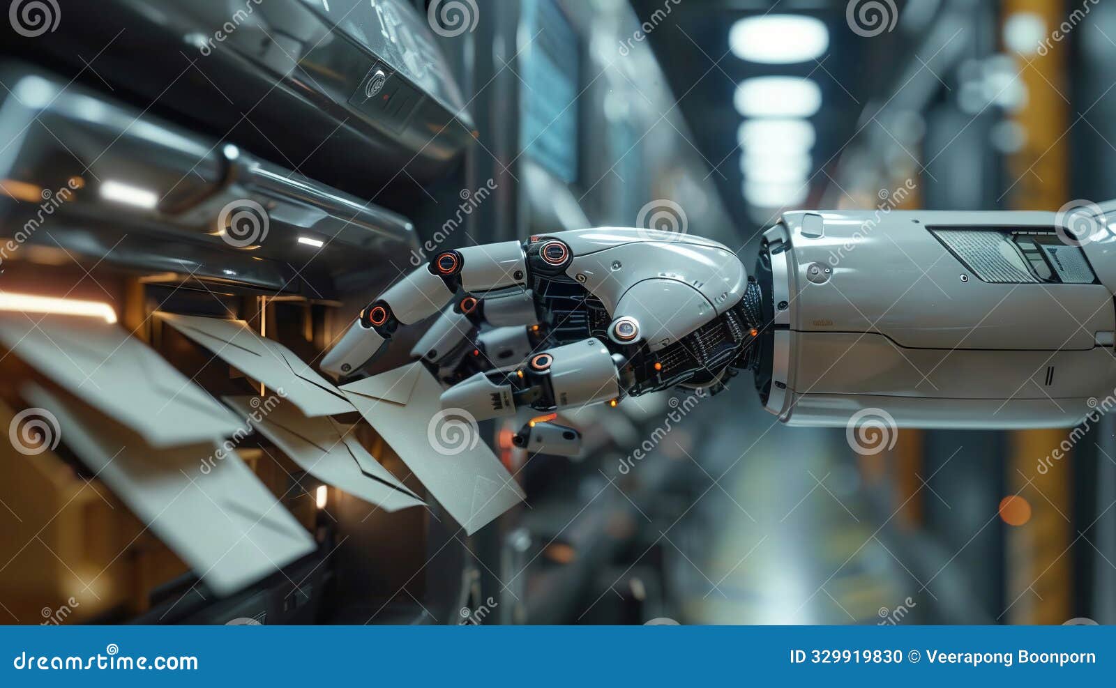 Robotic AI Hand Sorting Mail into Envelopes, Rear Angle, Office ...