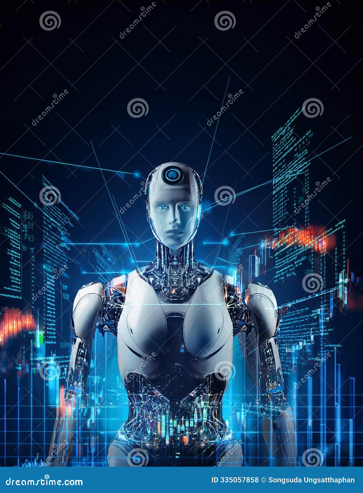 Robotic Algorithm Coding Itself, Surrounded by Financial Data Streams, [self-learning AI ...