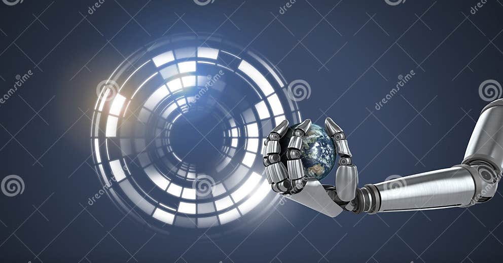 Robotic Android Hand Holding World Earth and Glowing Circle Technology ...