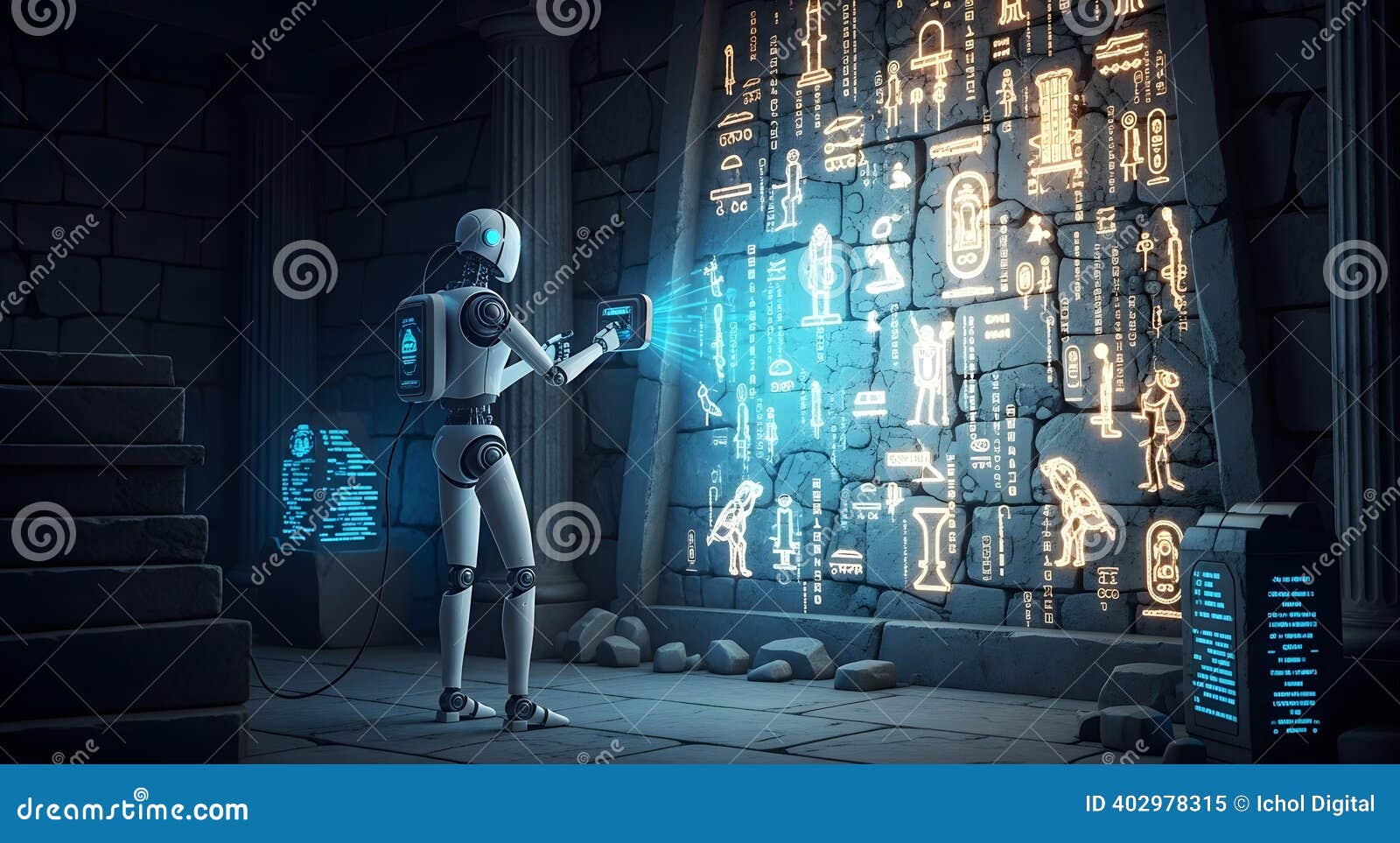 A Robotic Archaeologist Decoding Ancient Data Hieroglyphs, A Visual Metaphor For Deciphering ...