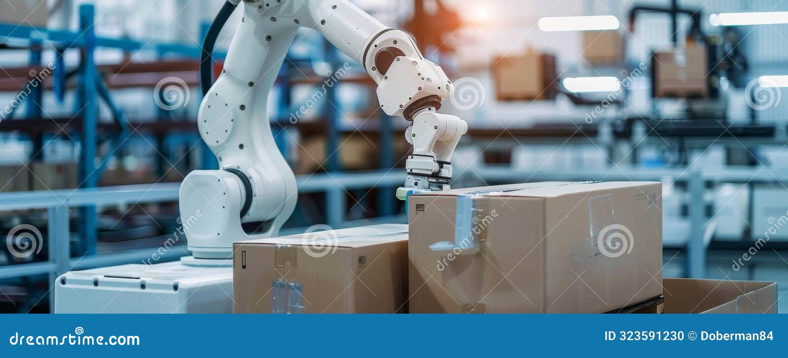 Robotic Arm Loading Cardboard Boxes in a Warehouse Automation ...