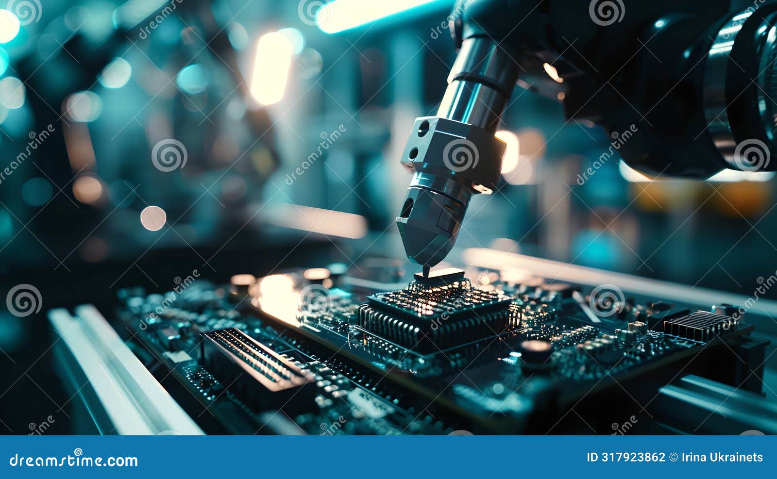 Robotic Arm Assembling Circuit Board in a Modern Factory. High-tech ...