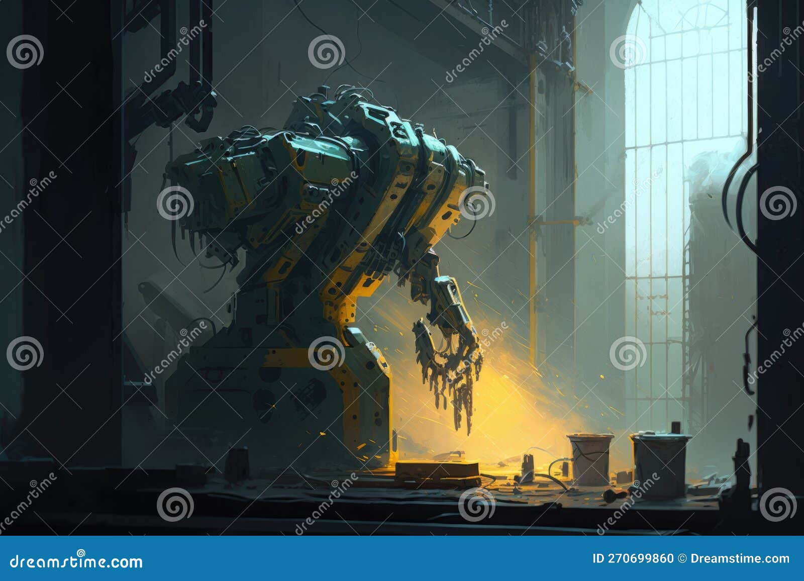 Robotic Arm Assembling a Complex Machine in a Factory Digital Art ...
