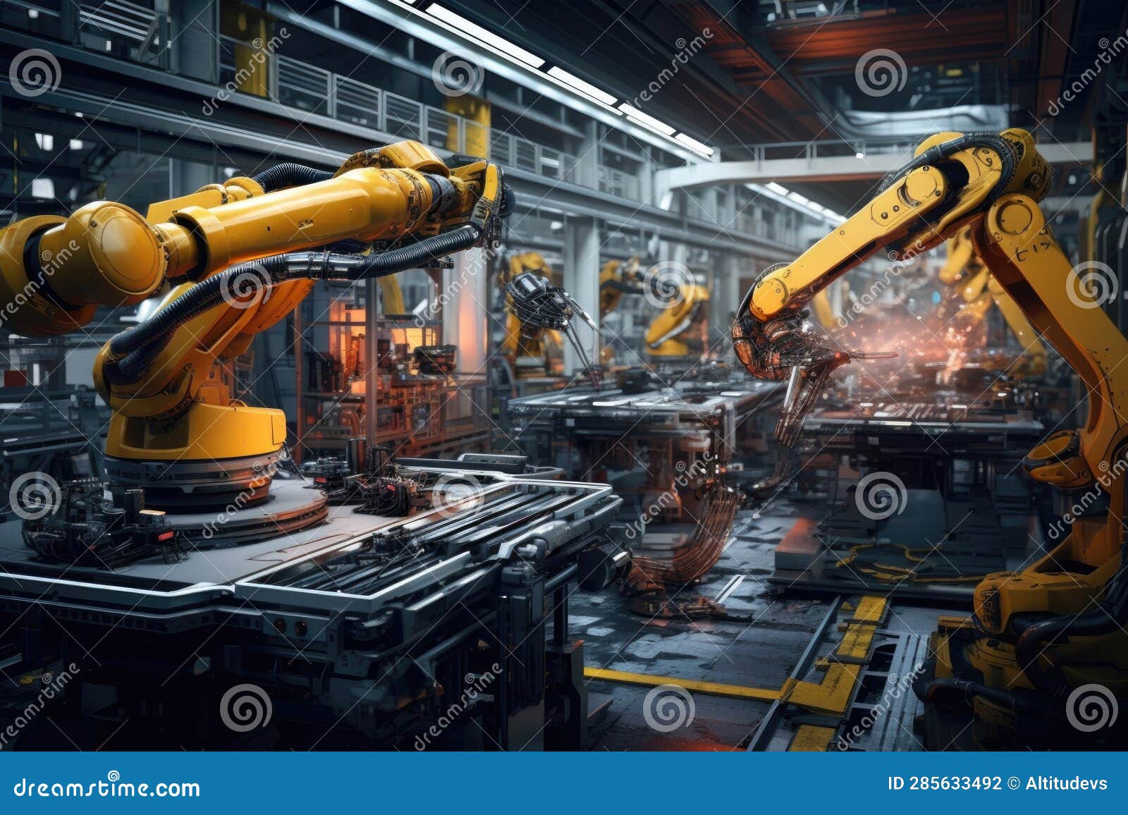 Robotic Arm Assembling Components on Factory Line Stock Photo - Image ...