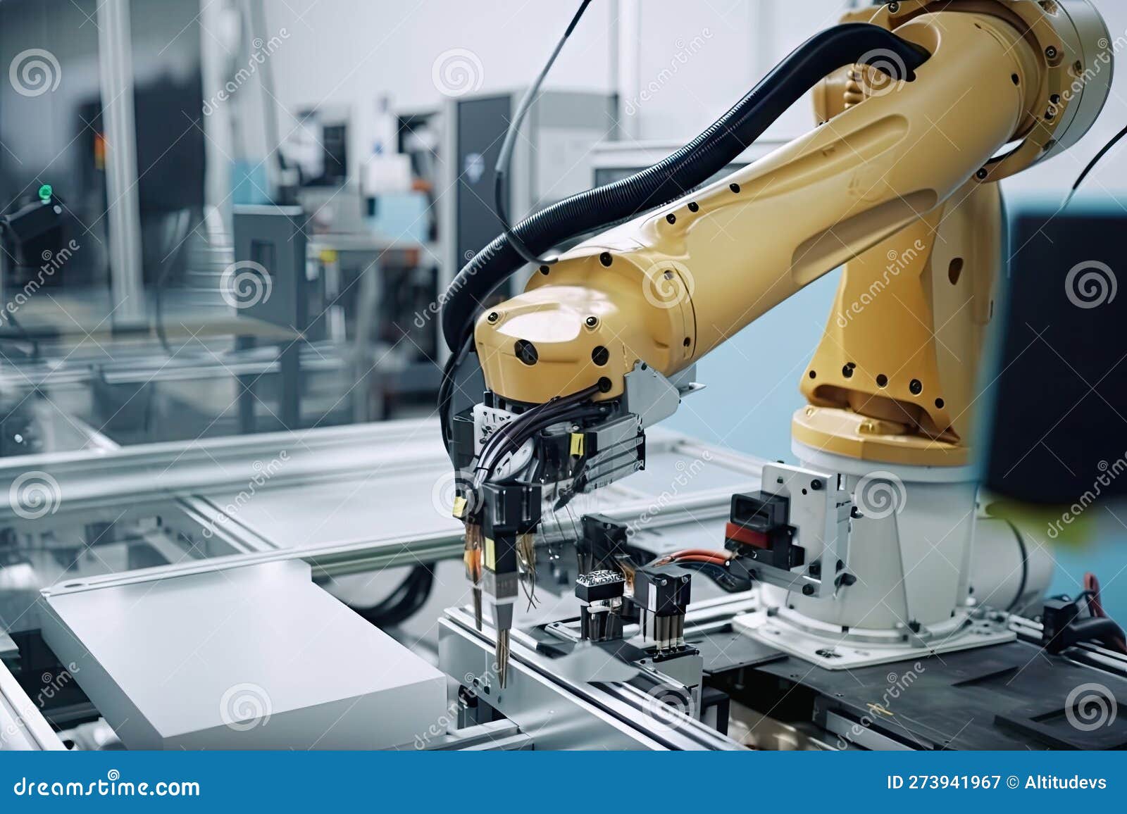 Robotic Arm Assembling Electronic Device on Factory Floor Stock Image ...