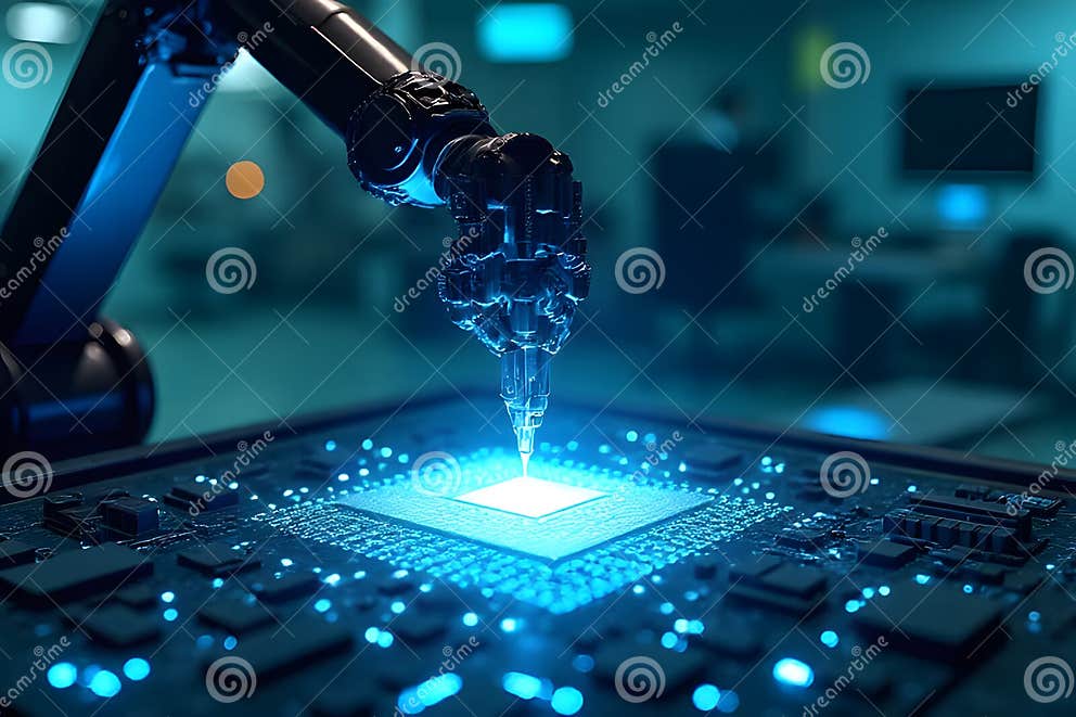 A Robotic Arm Assembling a Microchip in a High-tech Factory. Stock ...